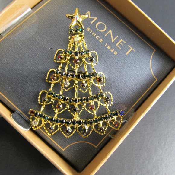 Monet | Jewelry | Monet Gold Tone Brooch Christmas Tree Multi Color ...